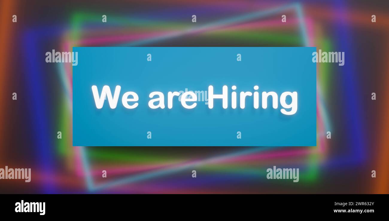 We are hiring. We are hiring. Blue banner, information sign, colored background. Recruitment ...