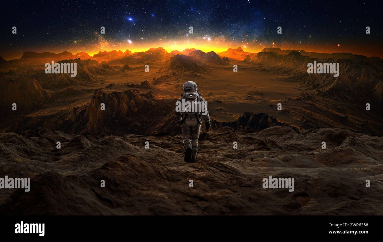 Astronaut marches on an alien landscape, with a cosmic horizon aglow ...