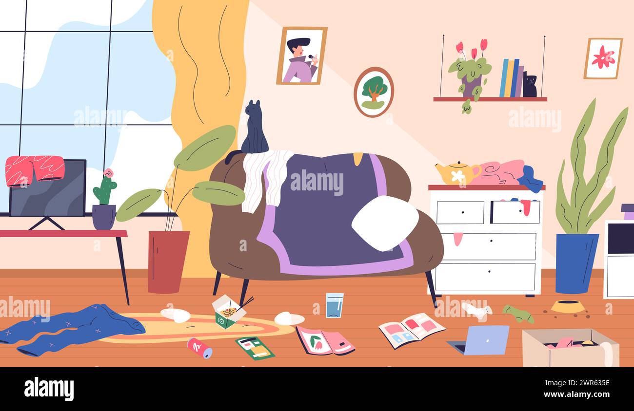 Messy room. Messed sofa livingroom cluttered home apartment interior ...