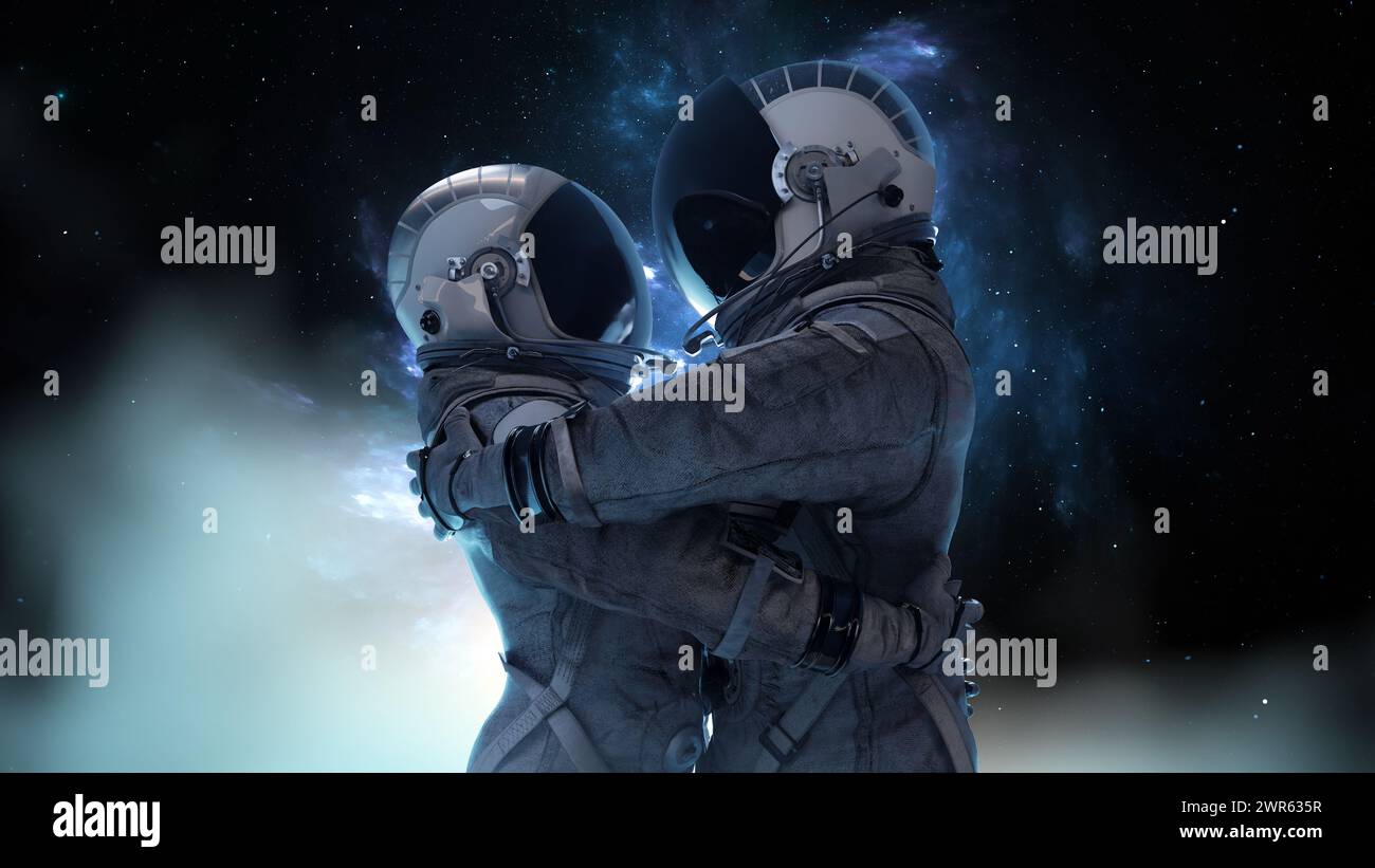 Two astronauts couple in a tender embrace, silhouetted against a nebula-like celestial backdrop ...