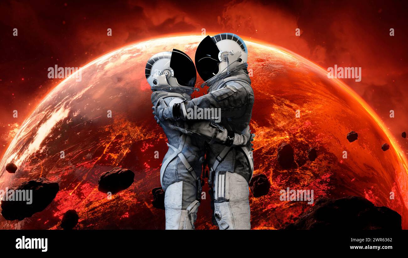 Two astronauts embrace before a looming red planet, a fiery landscape ...