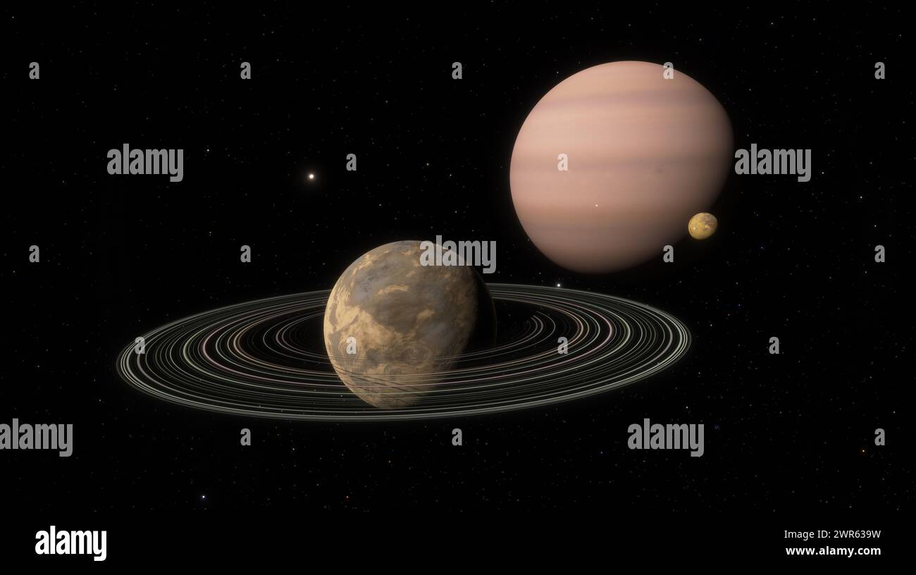 Planetary system, vast expanse of space, large ringed planet with ...