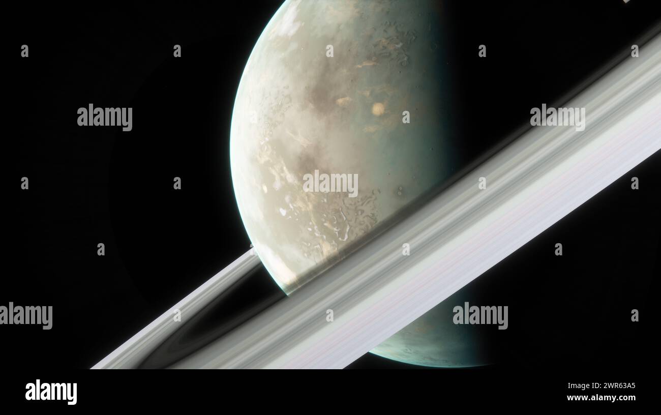 Close-up view of planet with pronounced rings, planets surface detailed ...