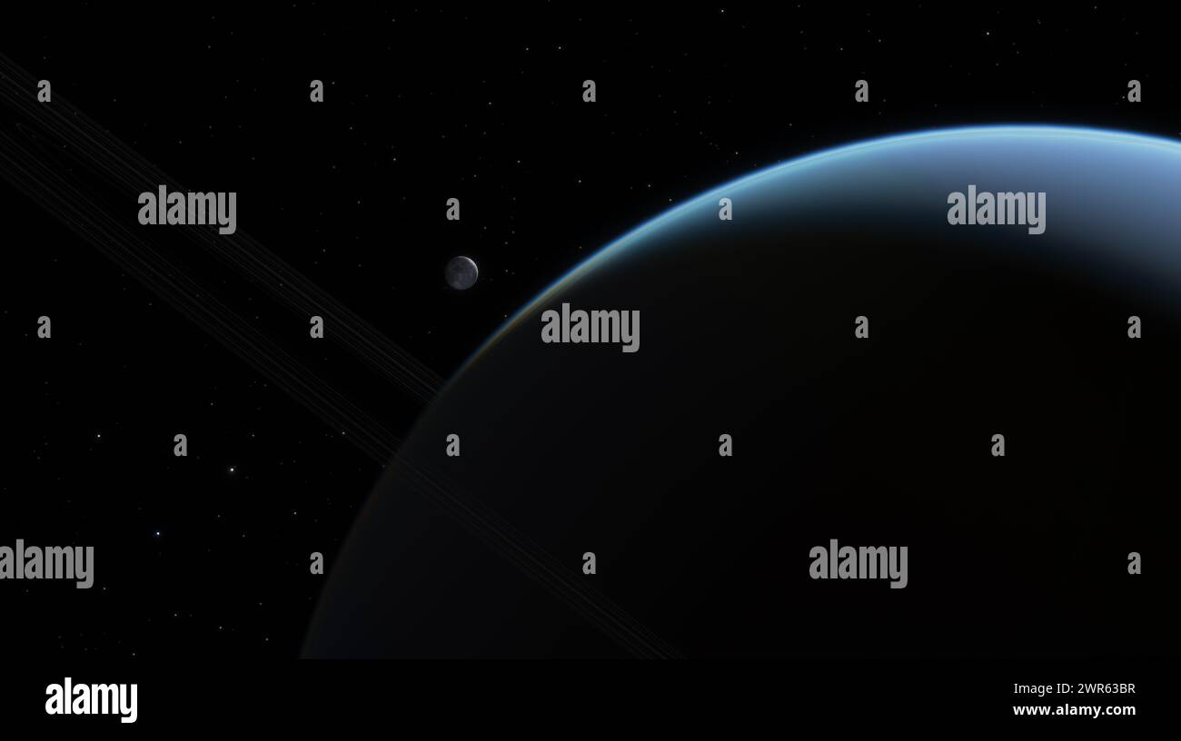 Large planet with a visible atmosphere and ring system. Vast scale and ...
