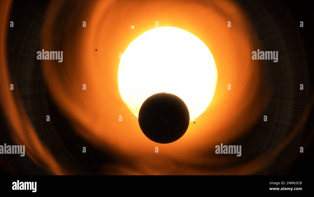 Planetary transit with a glowing star, casting a silhouette of a planet ...