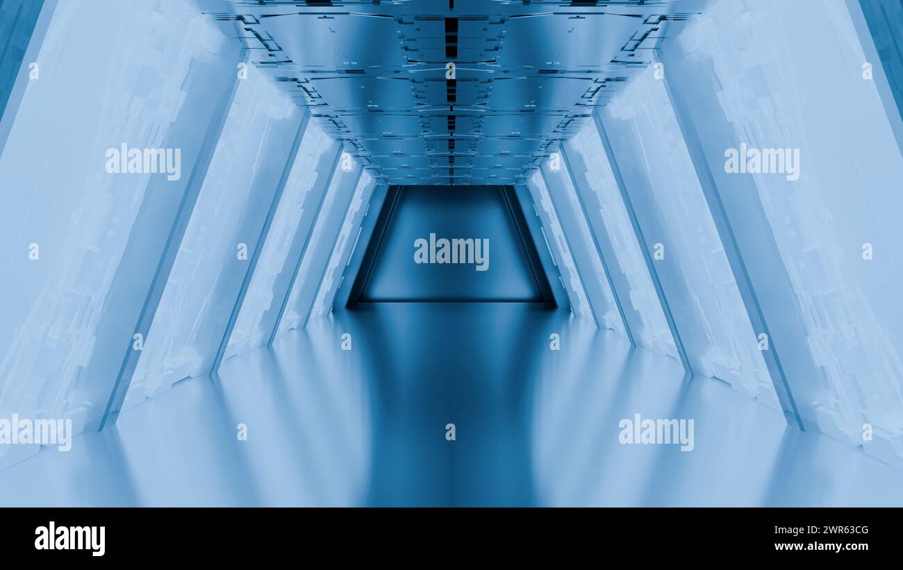 Futuristic corridor with sleek, bathed in cool blue light that casts ... Futuristic corridor with sleek, bathed in cool blue light that casts ...