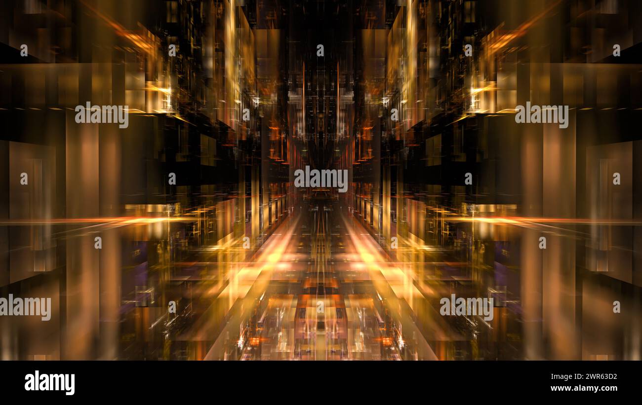 Abstract image with a deep perspective of golden light and mirrored ...