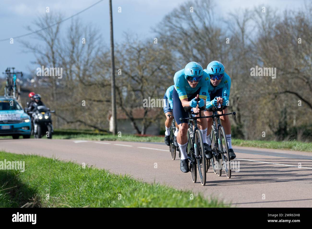 The Astana Qazaqstan team competes in the Paris-Nice Stage 3 Team Time ...