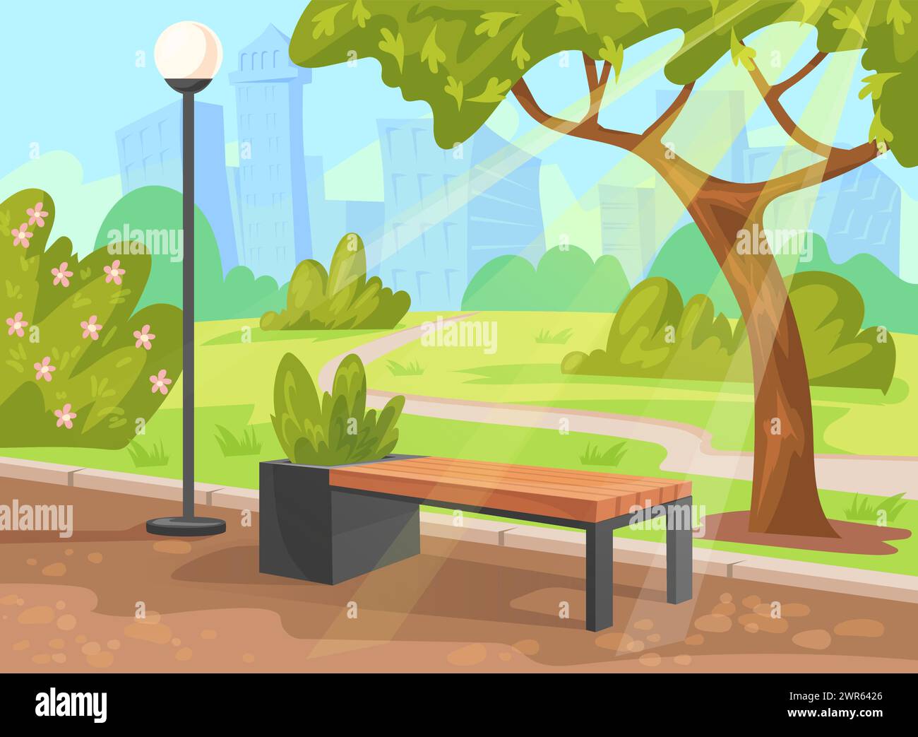 Wooden bench park landscape. Benches seat place in central park city ...