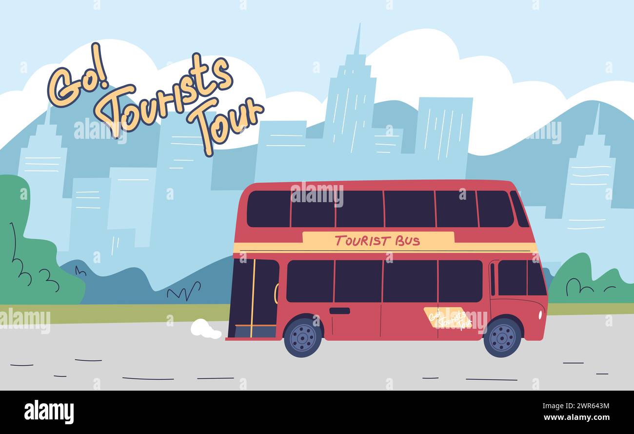 Excursion bus. London double decker car on city mountain highway ...