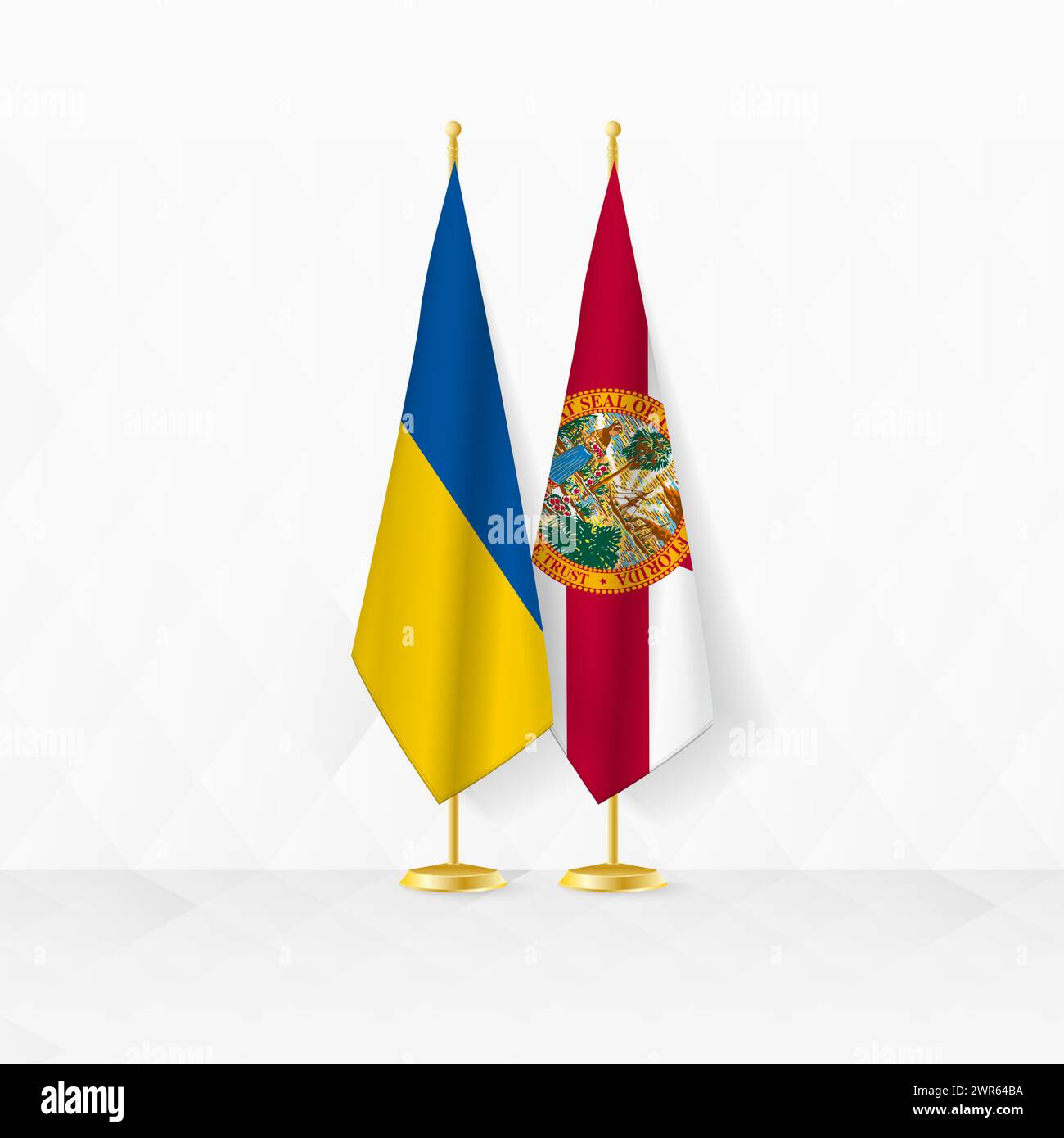 Ukraine and Florida flags on flag stand, illustration for diplomacy and other meeting between ...