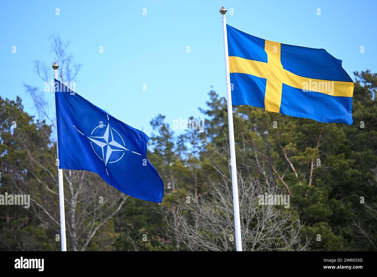 The NATO flag, left, is raised next to the Swedish flag during a ...