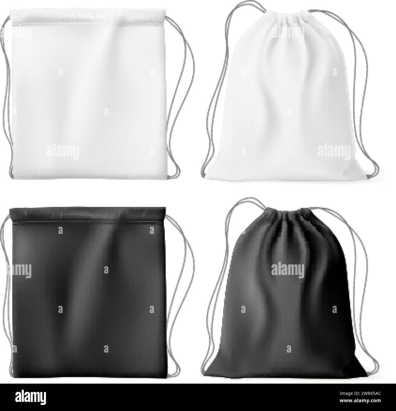 Drawstring bags. Realistic sport sack with rope or nylon cord, canvas ...