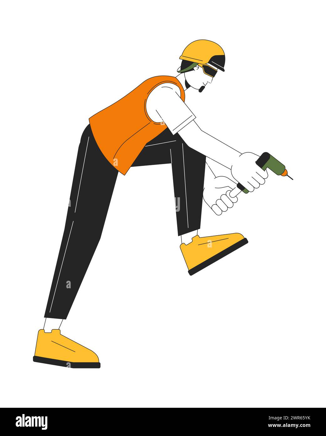 Caucasian male engineer holding cordless screwdriver 2D linear cartoon ...