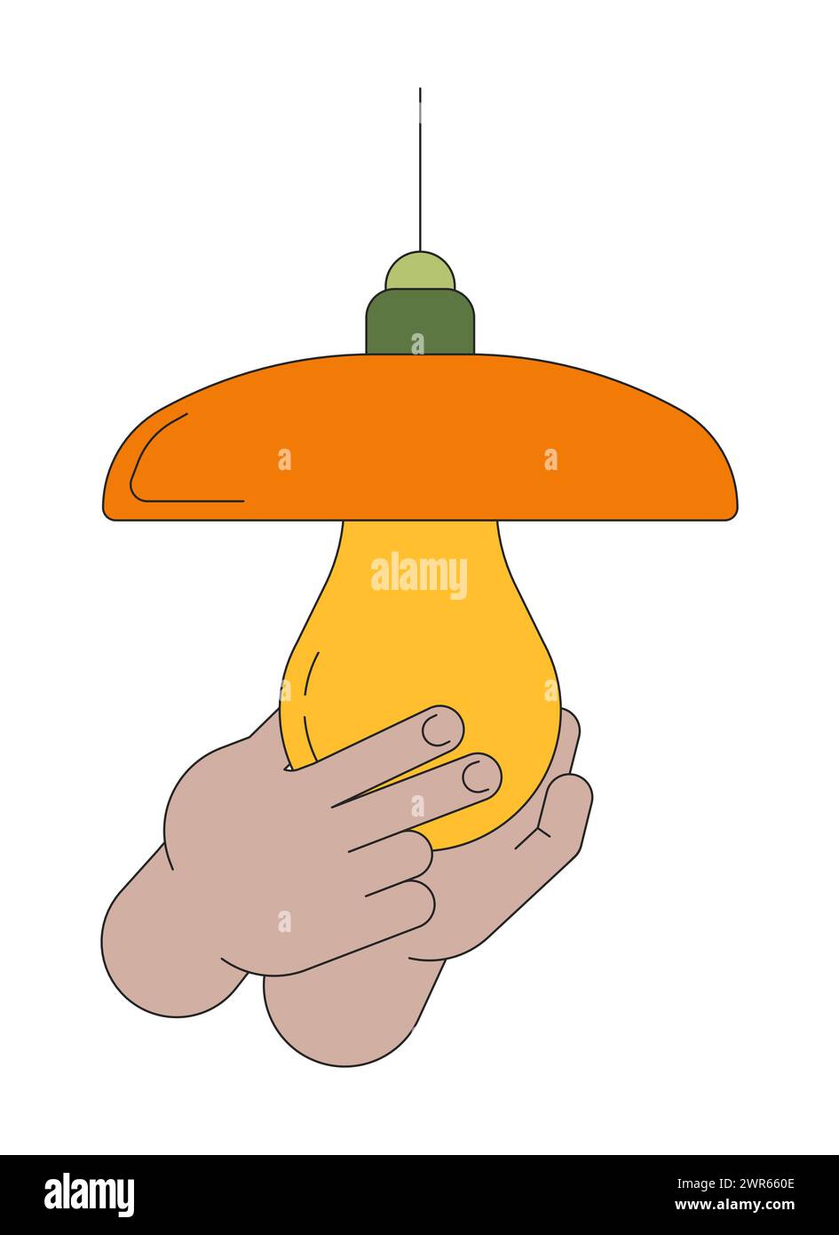 Installing light bulb in lamp linear cartoon character hands ...