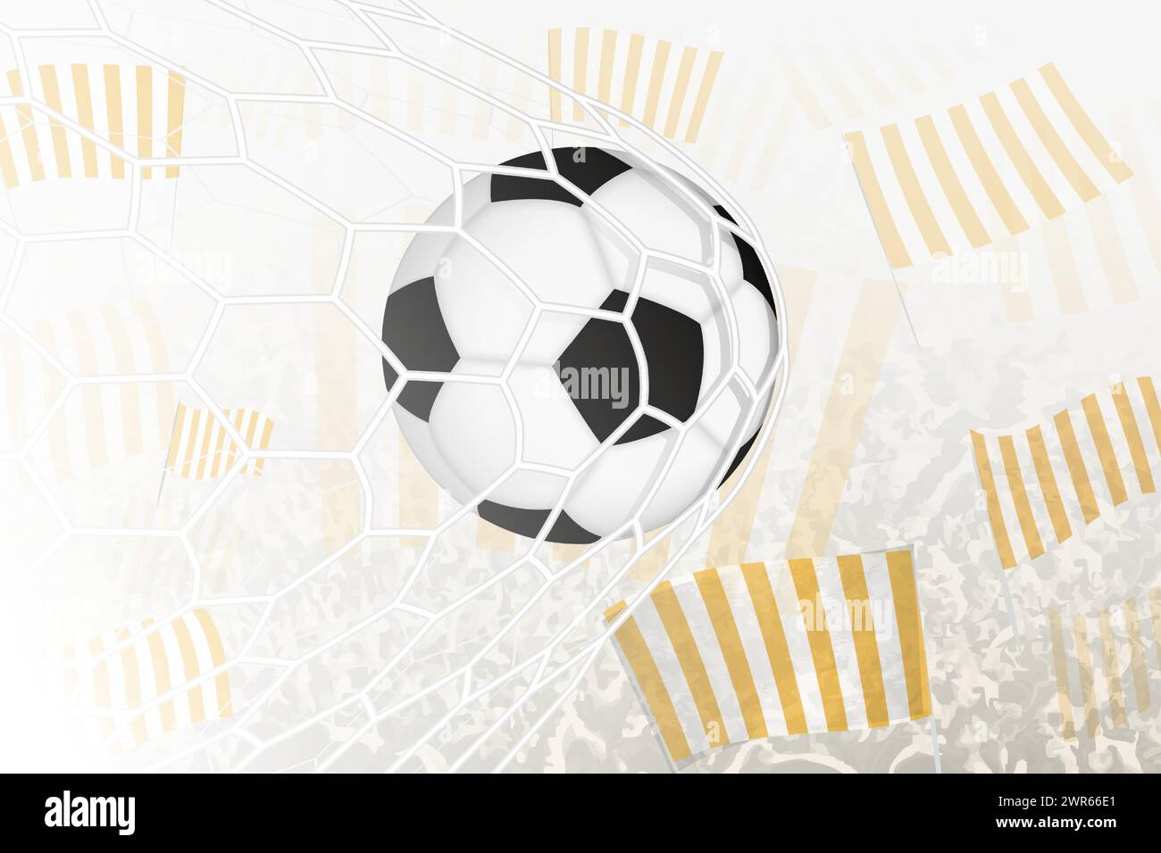 Football ball in goal net on crowd background with yellow and white ...