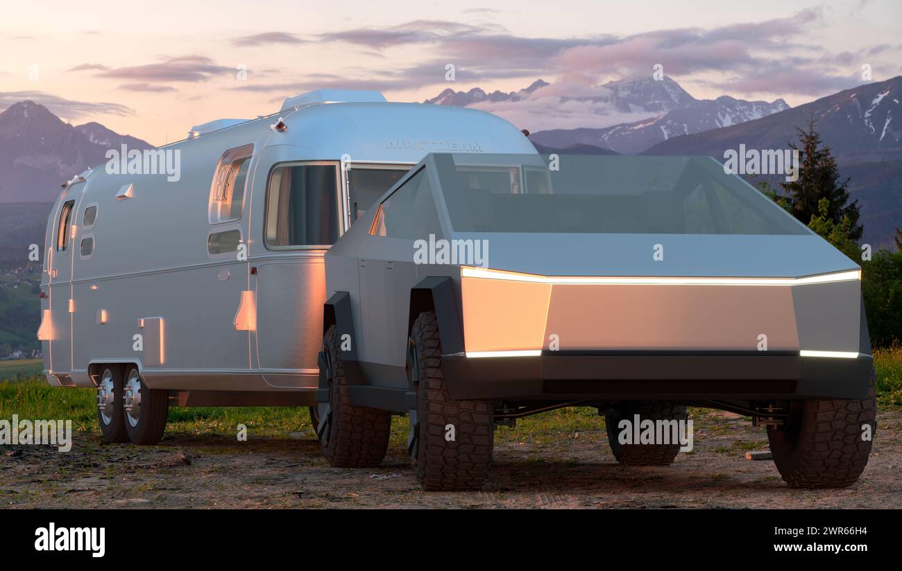Tesla Cybertruck with Airstream caravan Stock Photo - Alamy