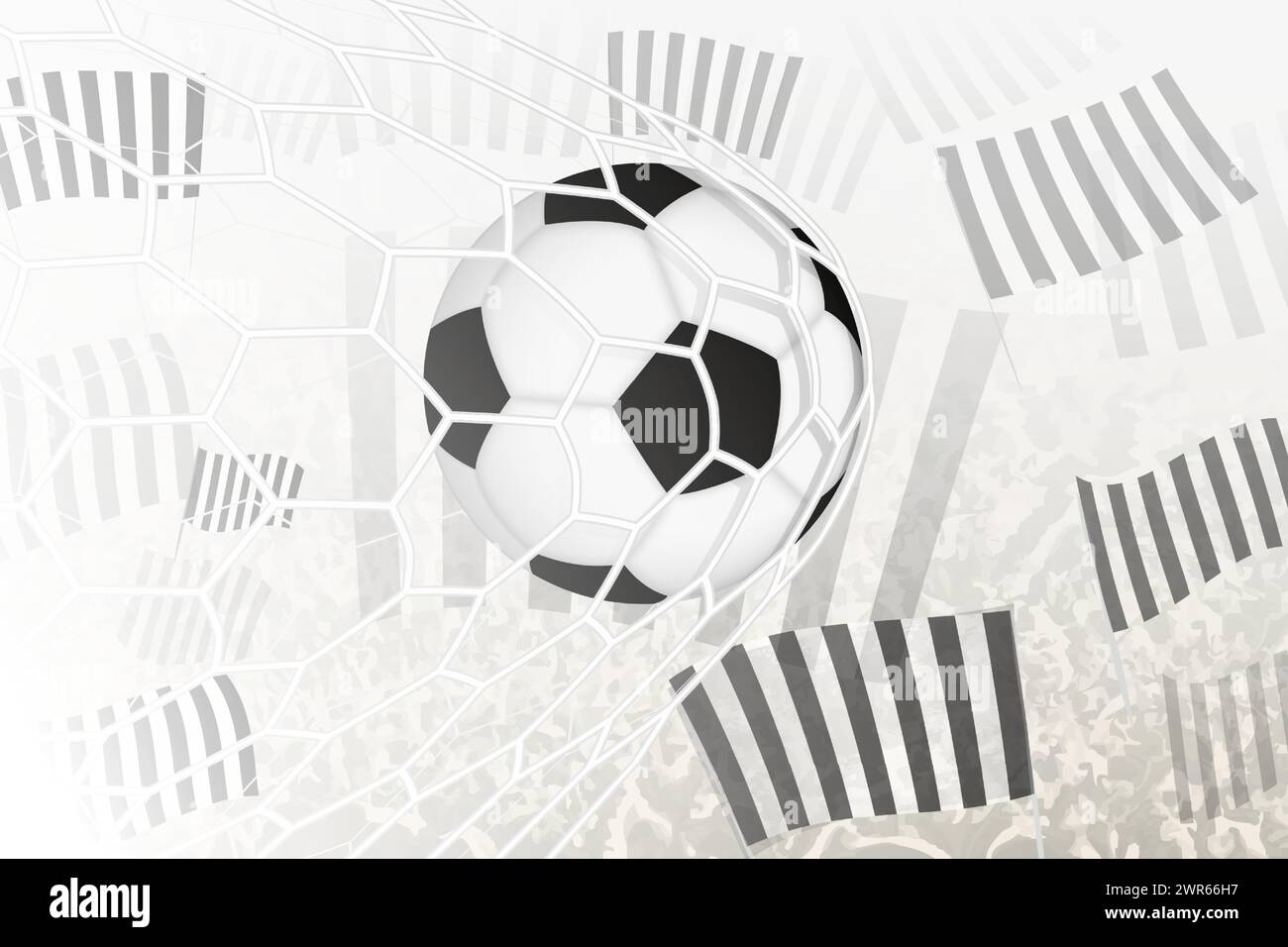 Football ball in goal net on crowd background with black and white ...