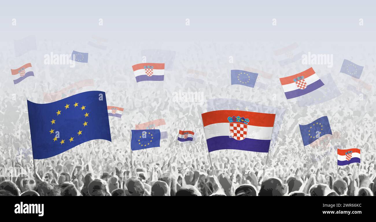 Crowd with flag of European Union and Croatia, people of Croatia with ...