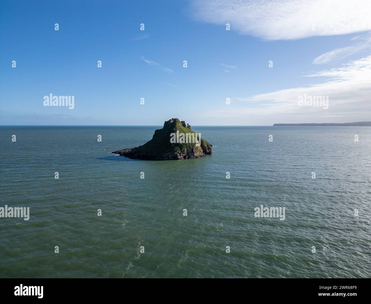 Aerial view of the Thatcher Rock in Torquay as the large rock formation ...
