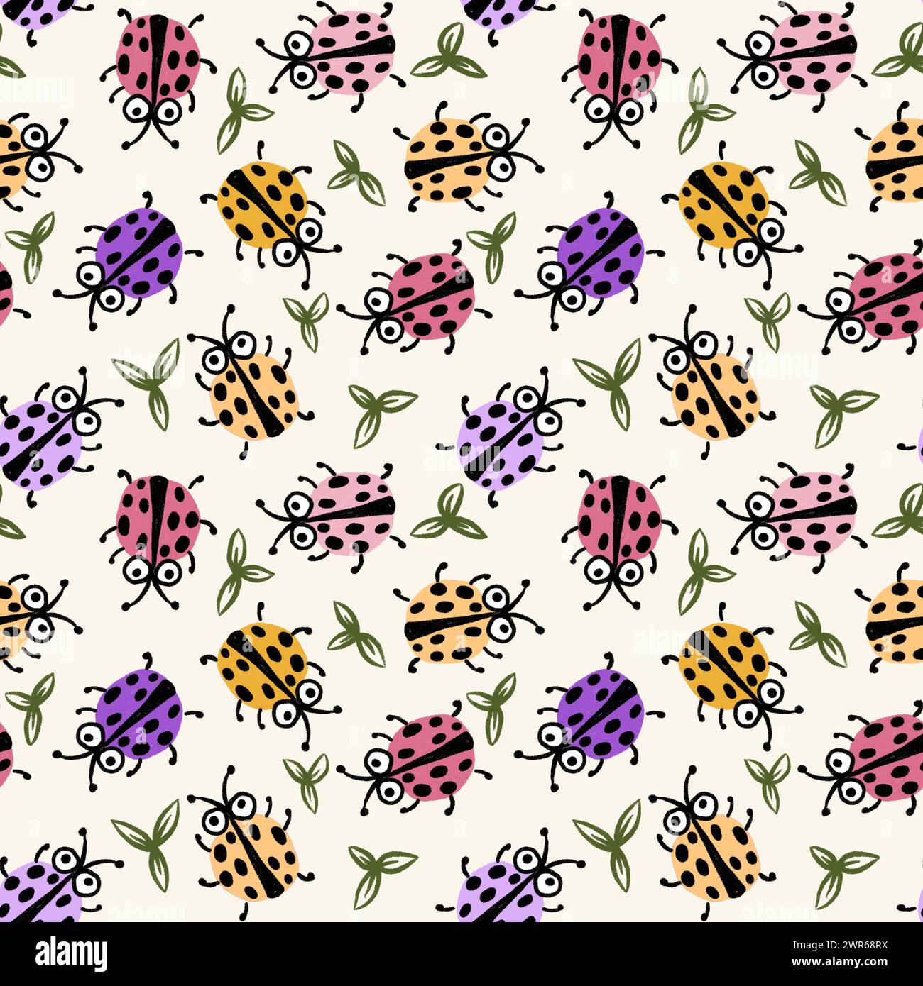 Hand drawn seamless pattern of cute funny ladybugs bugs beetles insect ...
