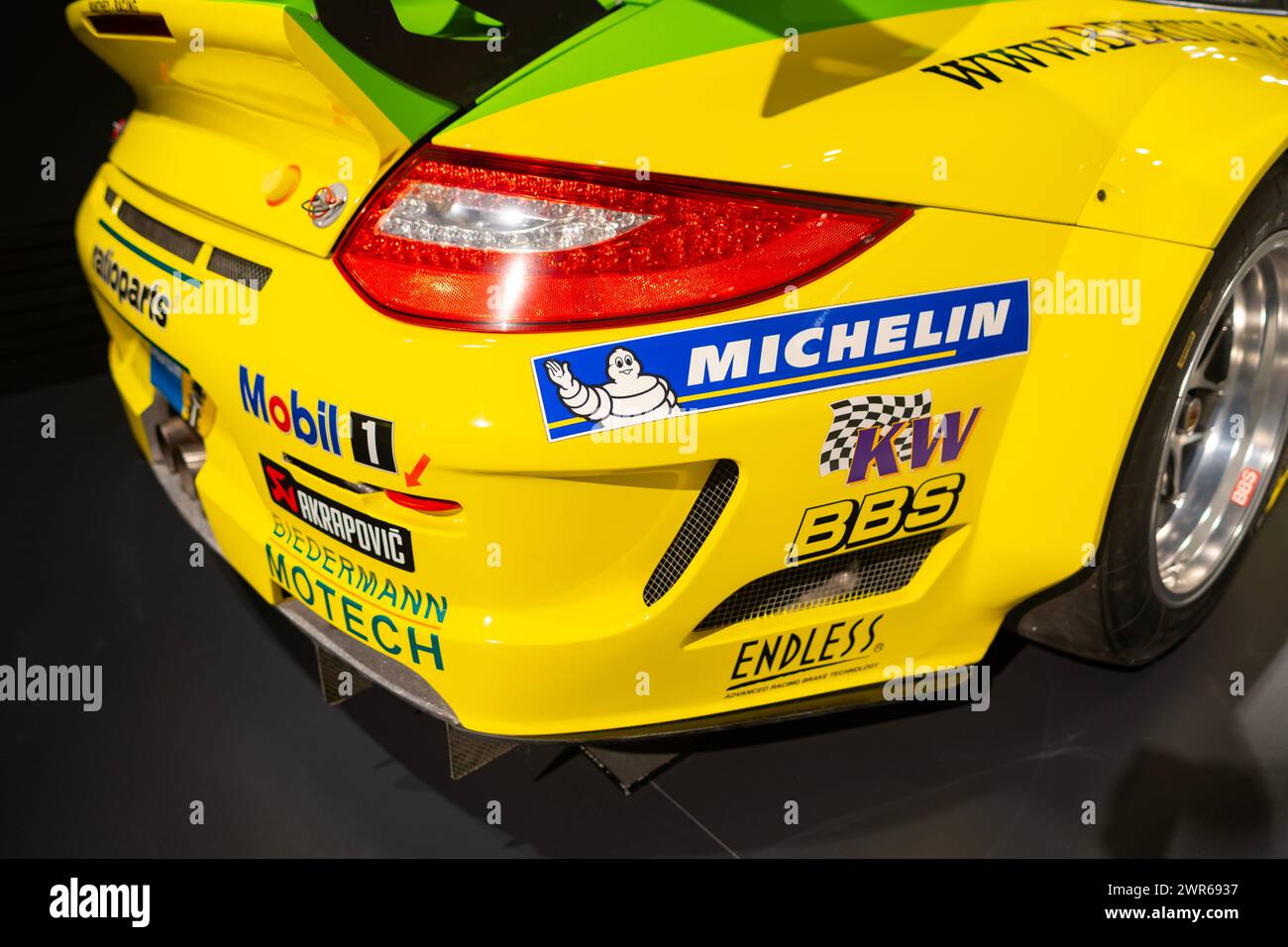 yellow Porsche 911 GT3 RSR 2023 in historic Porsche-Museum, German ...