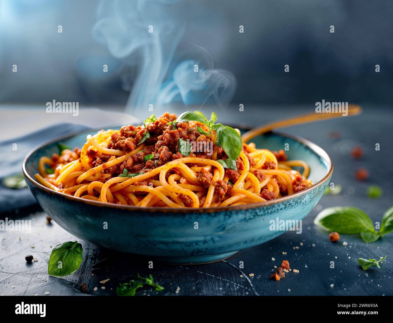 Spaghetti Bolognese in modern ceramic bowl on dark slate table Stock ...