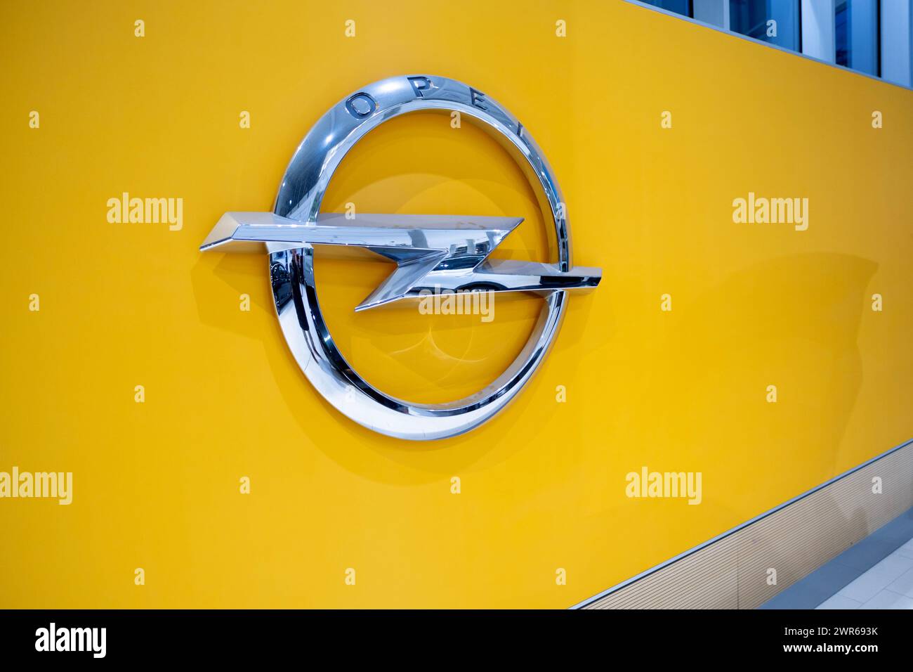 yellow Opel Automobile GmbH signboard close-up, innovation in design ...
