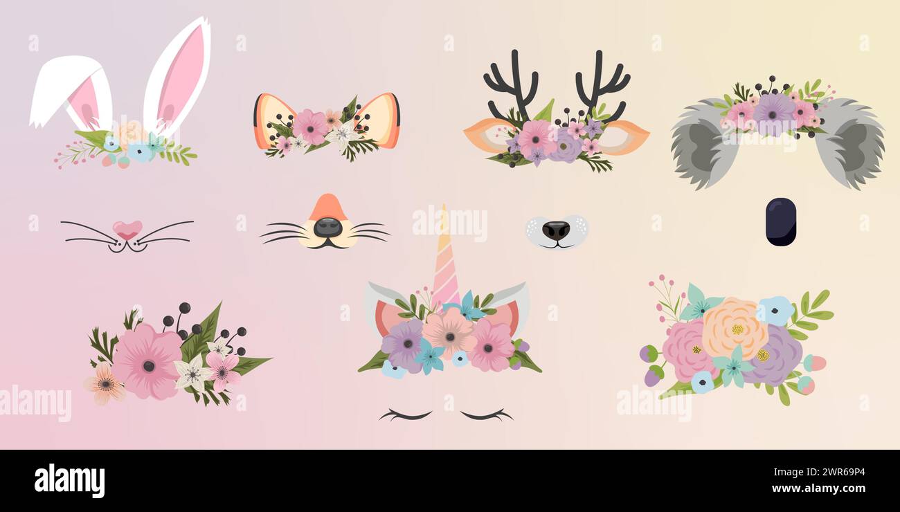 Animal face elements set cartoon flat design ears vector illustration ...