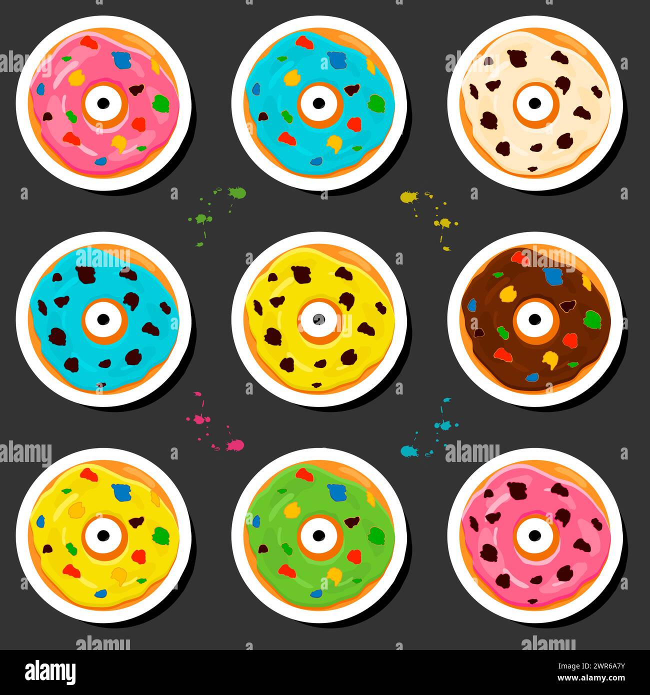 Illustration on theme big set different types sticky donuts, sweet ...