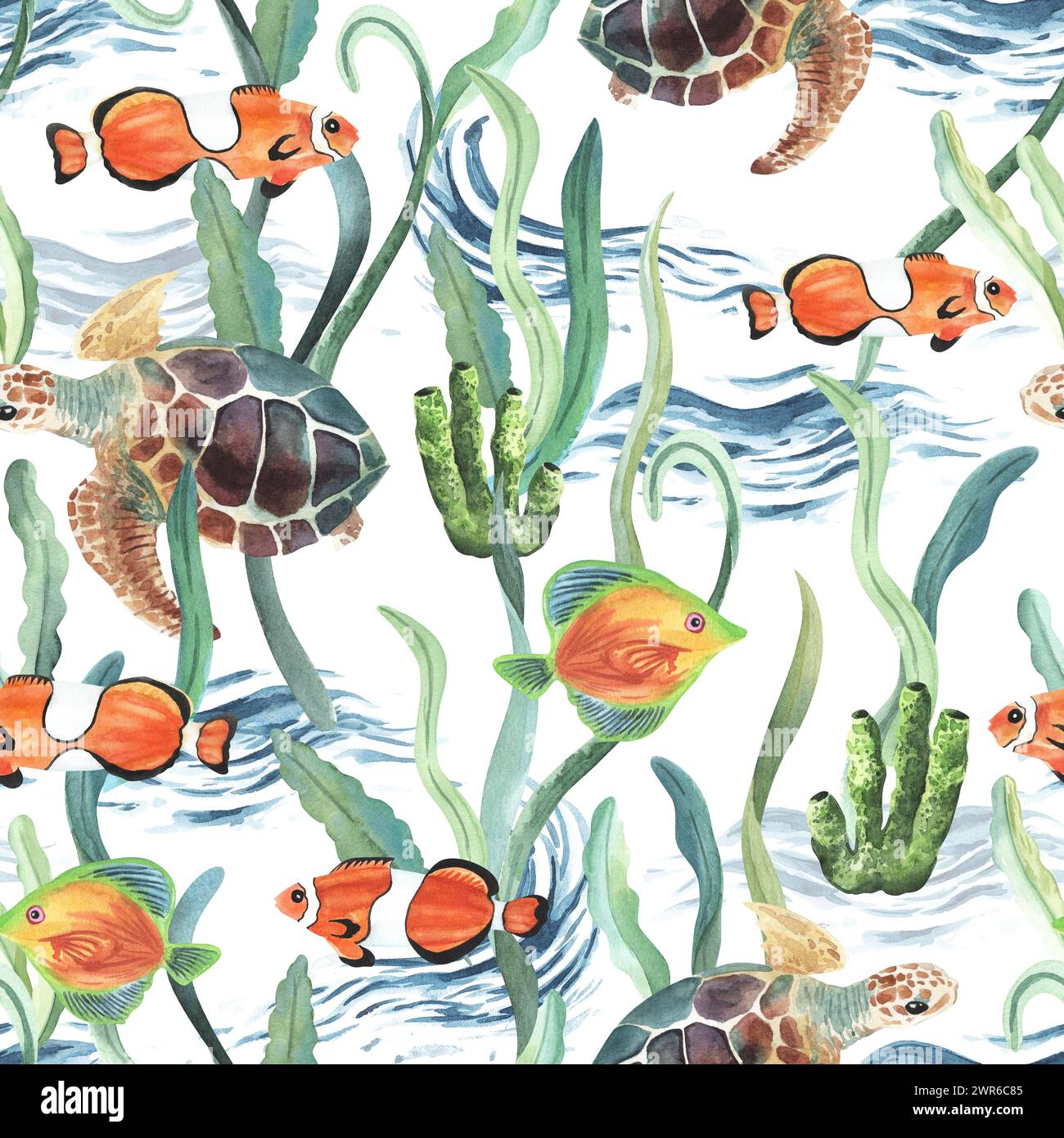 Watercolor seamless pattern with turtles and tropical fish, seaweed ...