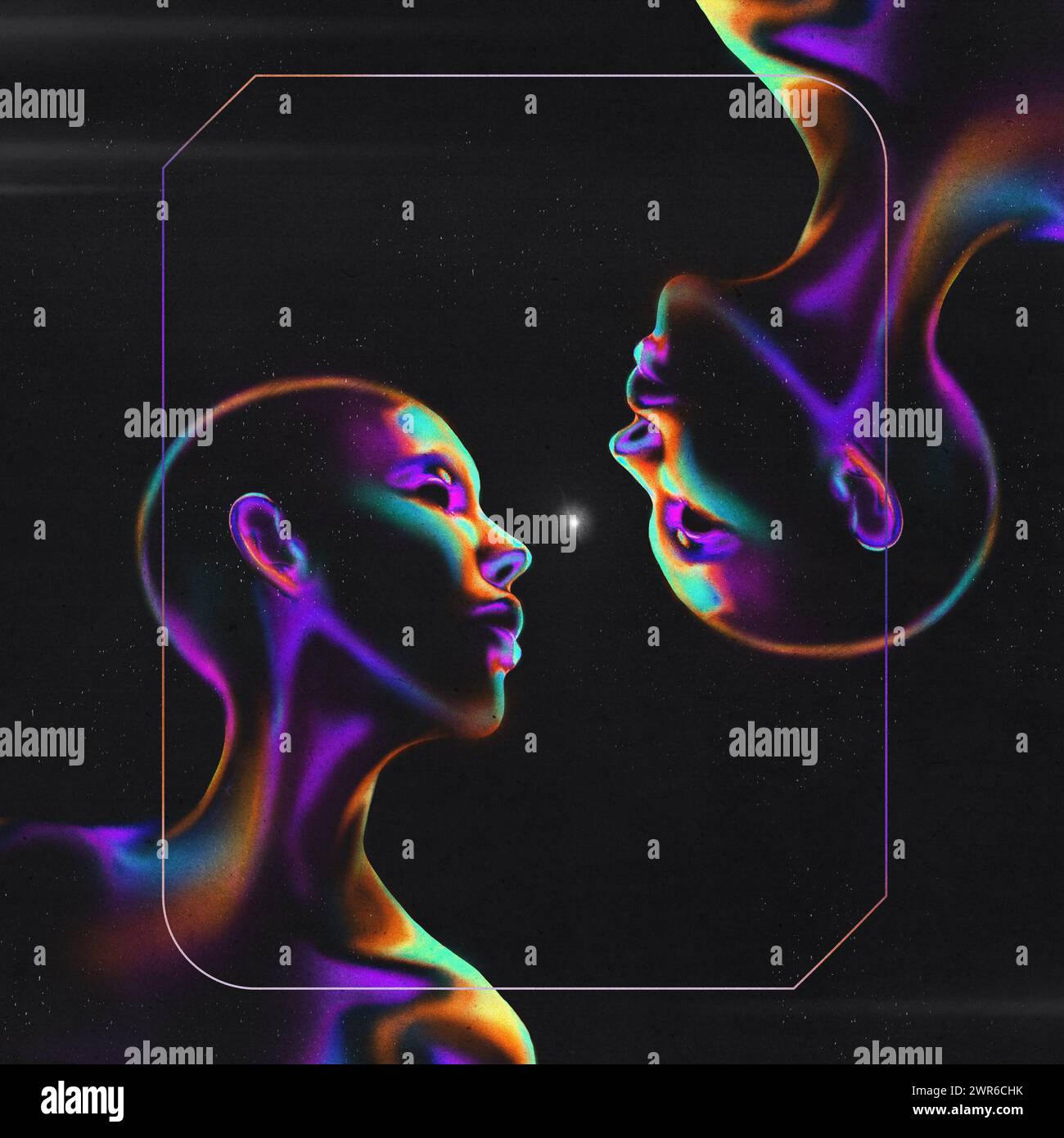 Contemporary art collage. Deep connections. Two neon profiles facing ...