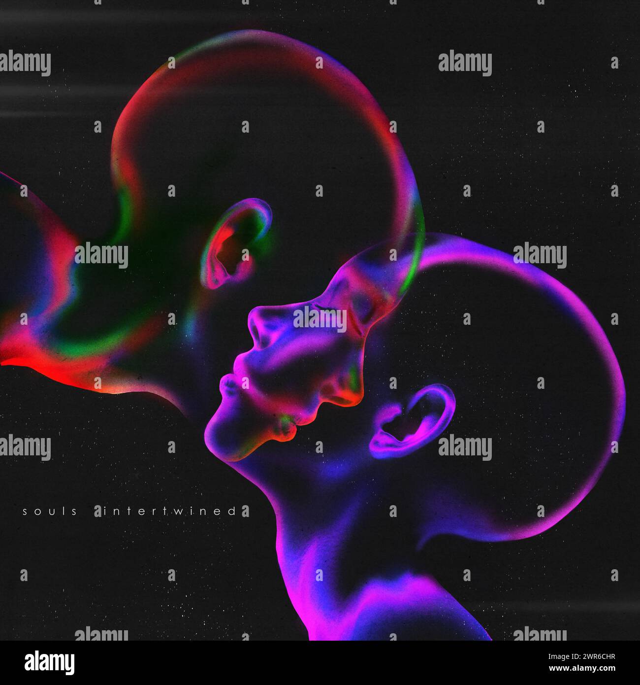 Contemporary art collage. Souls intertwined. Profile of two faces with ...