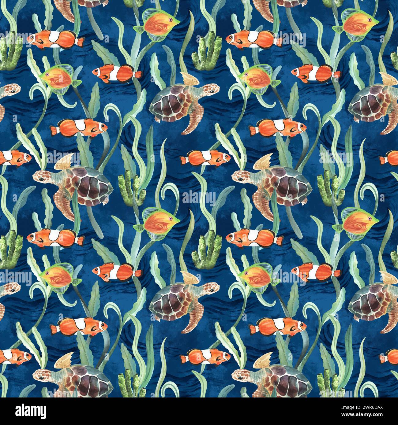 Watercolor seamless pattern with turtles and tropical fish, seaweed ...