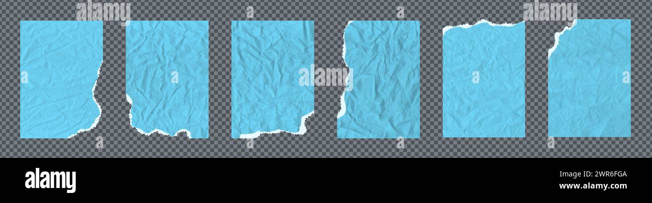 Set of torn and crumple paper pieces. Blue grunge jagged vertical ...