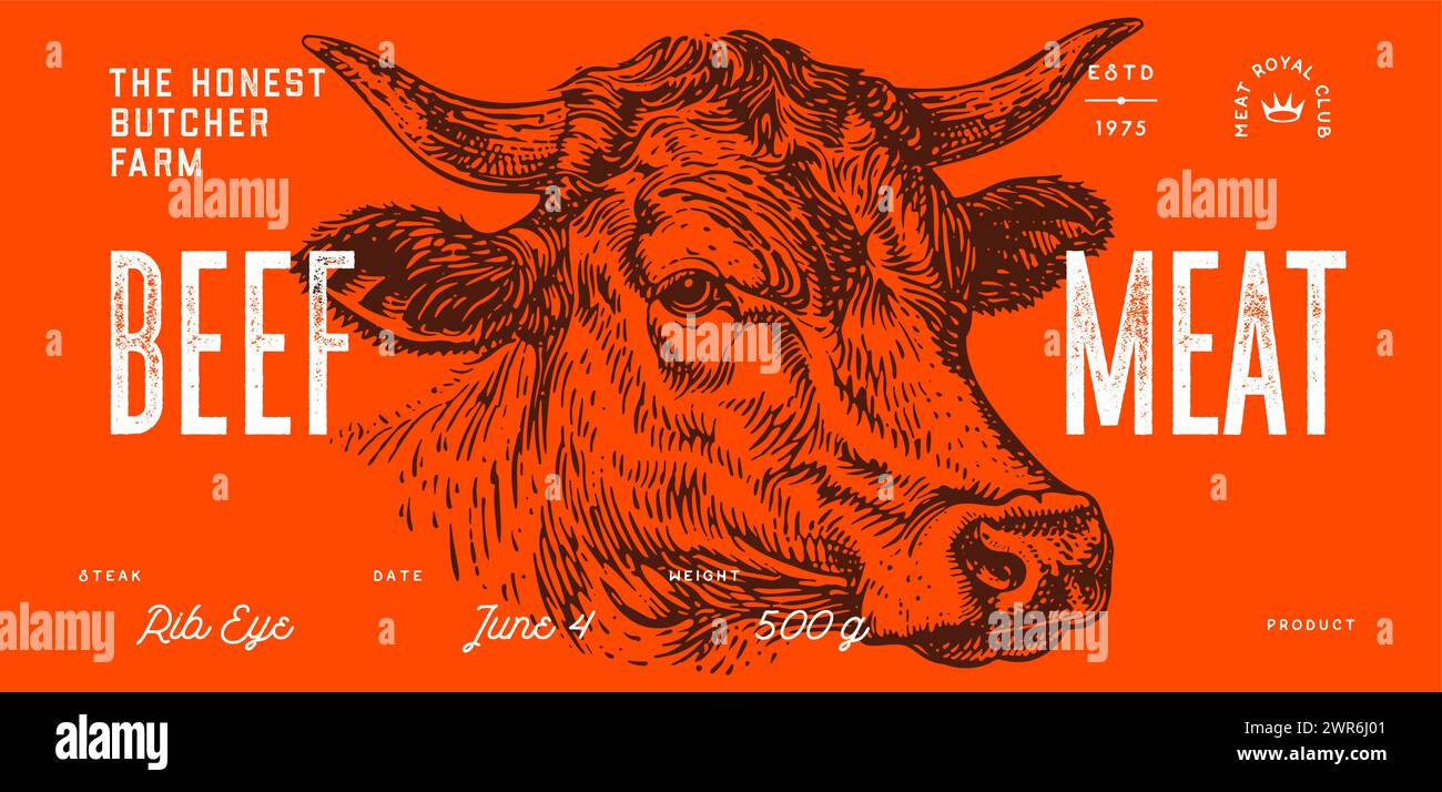 Cow, bull, beef head, meat tag label. Template Meat Tag Label. Vintage ...