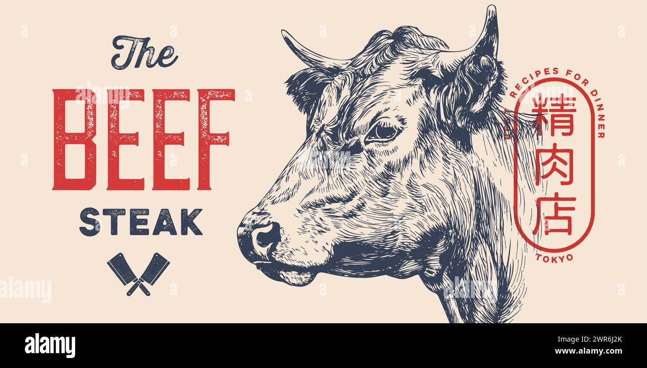 Cow, bull, beef head, meat tag label. Template Meat Tag Label. Vintage ...