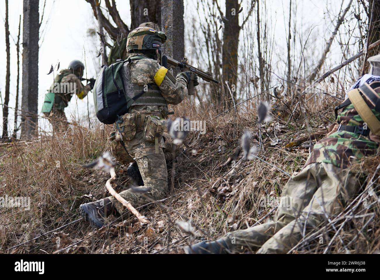 Ukrainian soldiers training on military polygon. Group of infantrymen ...
