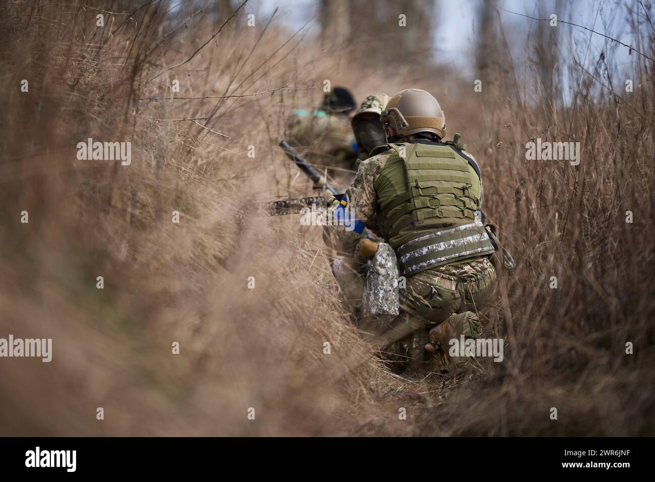 Ukrainian army unit training on a proving ground outdoors. Soldiers of ...