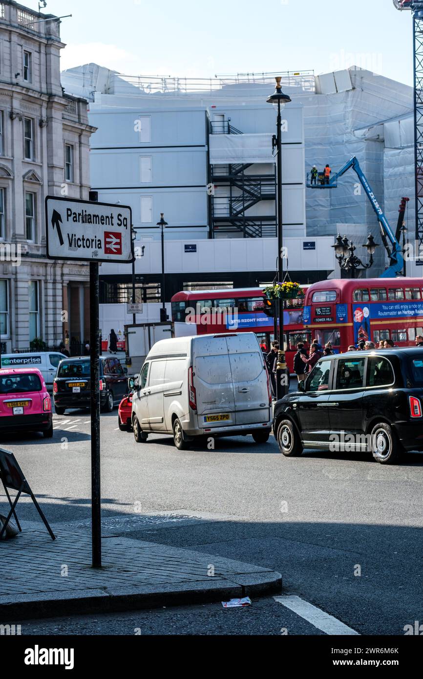 City of Westminster, London UK, March 08 2024, Traffic Jam Trafalger ...