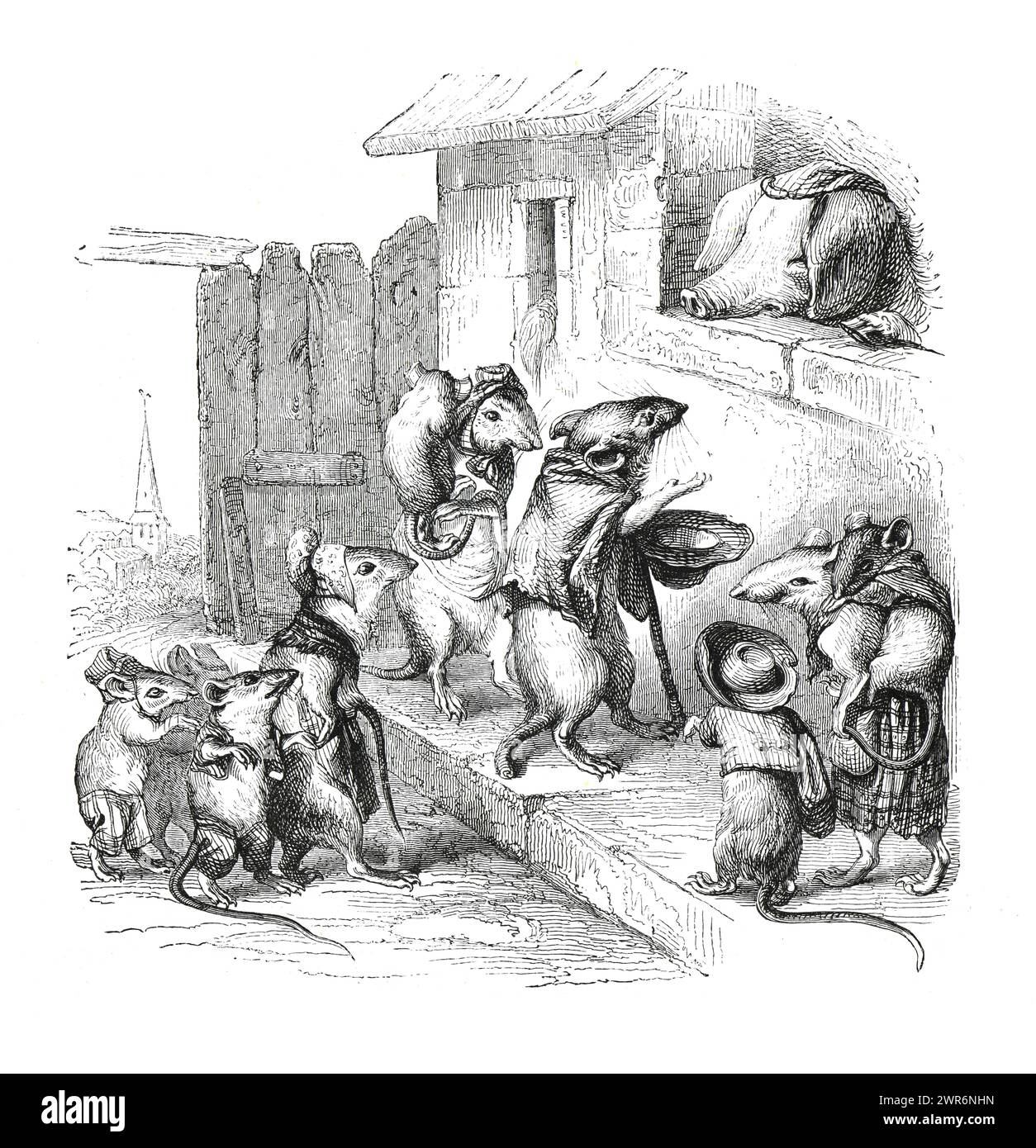 Anthropomorphic animals. humanized mice. mice begging for food at a pig ...
