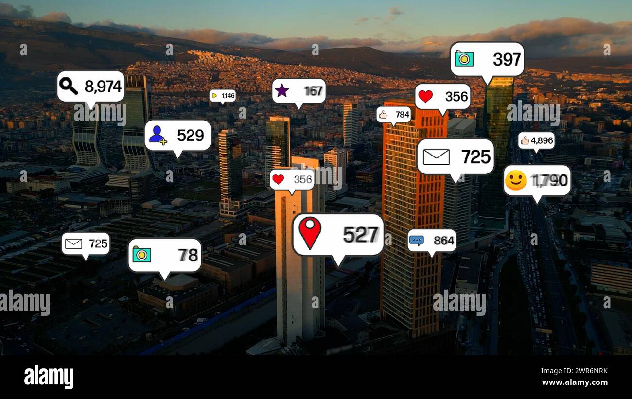 Social media and notification icons over the cities. social network ...