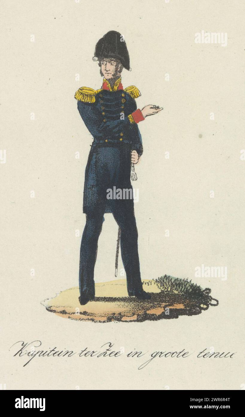 Captain at sea in large uniform (title on object), Dutch military ...