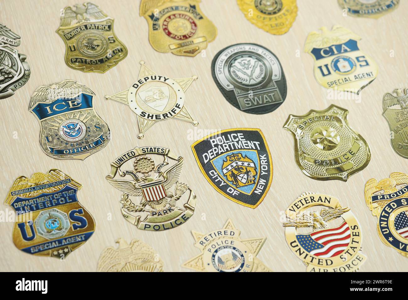 KYIV, UKRAINE - MARCH 9, 2024 Badges of different United States police ...