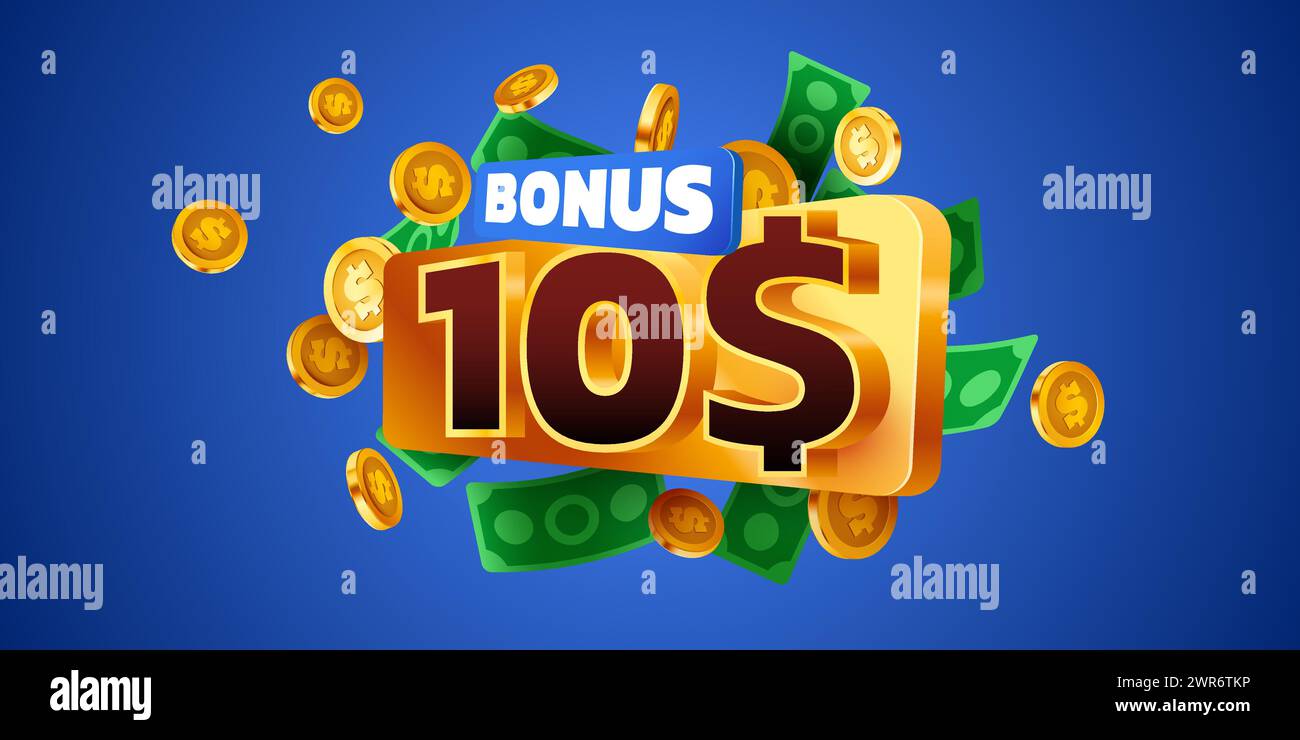 10 dollars bonus. Falling golden coins. Cashback or prize concept. Vector illustration Stock ...