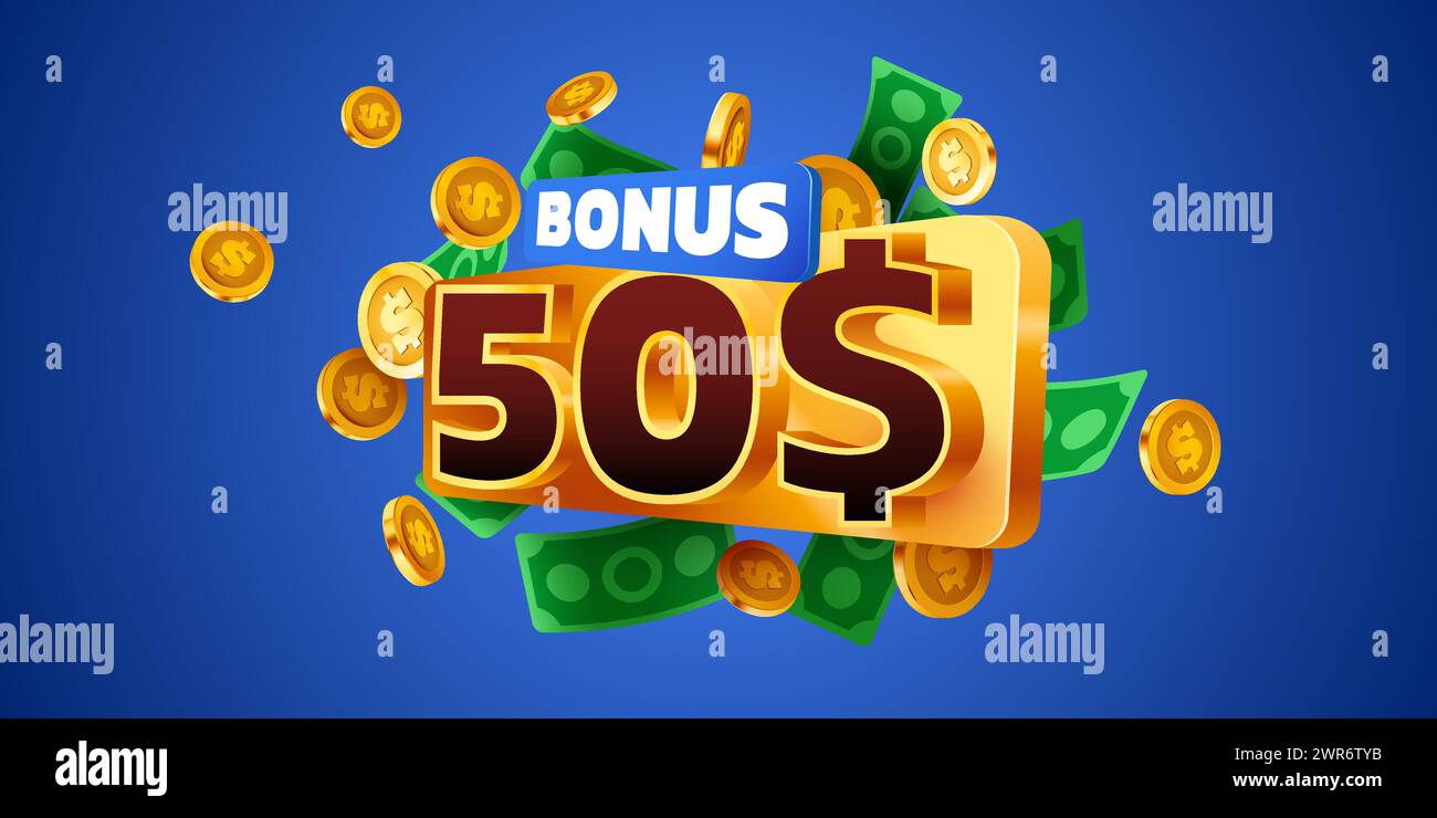 50 dollars bonus. Falling golden coins. Cashback or prize concept ...
