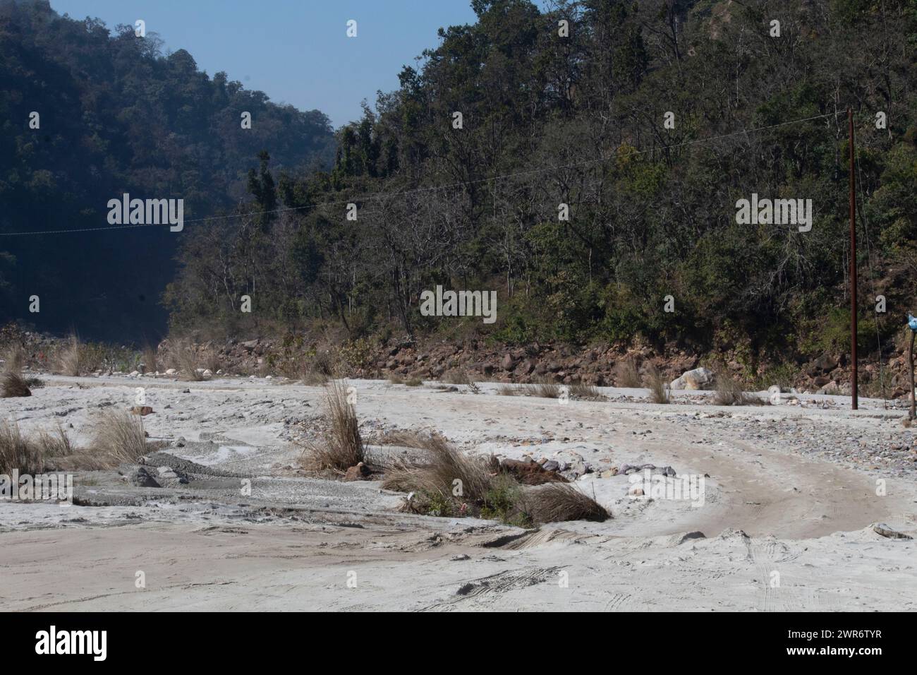 White sand beach framed by lush greenery. Rishikesh, nestled along the ...