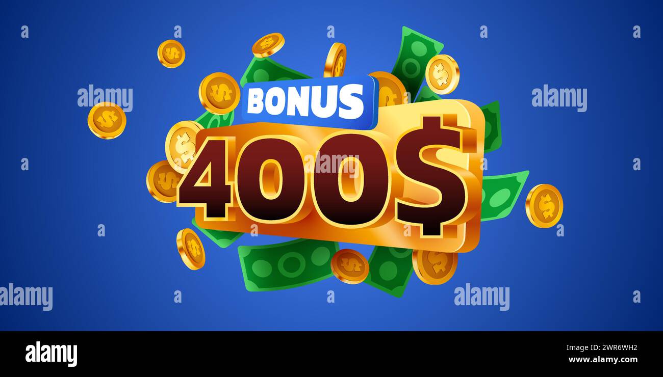 400 dollars bonus. Falling golden coins. Cashback or prize concept ...