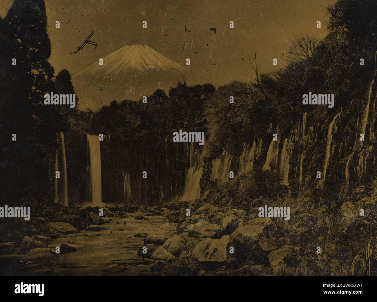 View of Mount Fuji with waterfalls, anonymous, printer: Hanbeh Mizuno ...