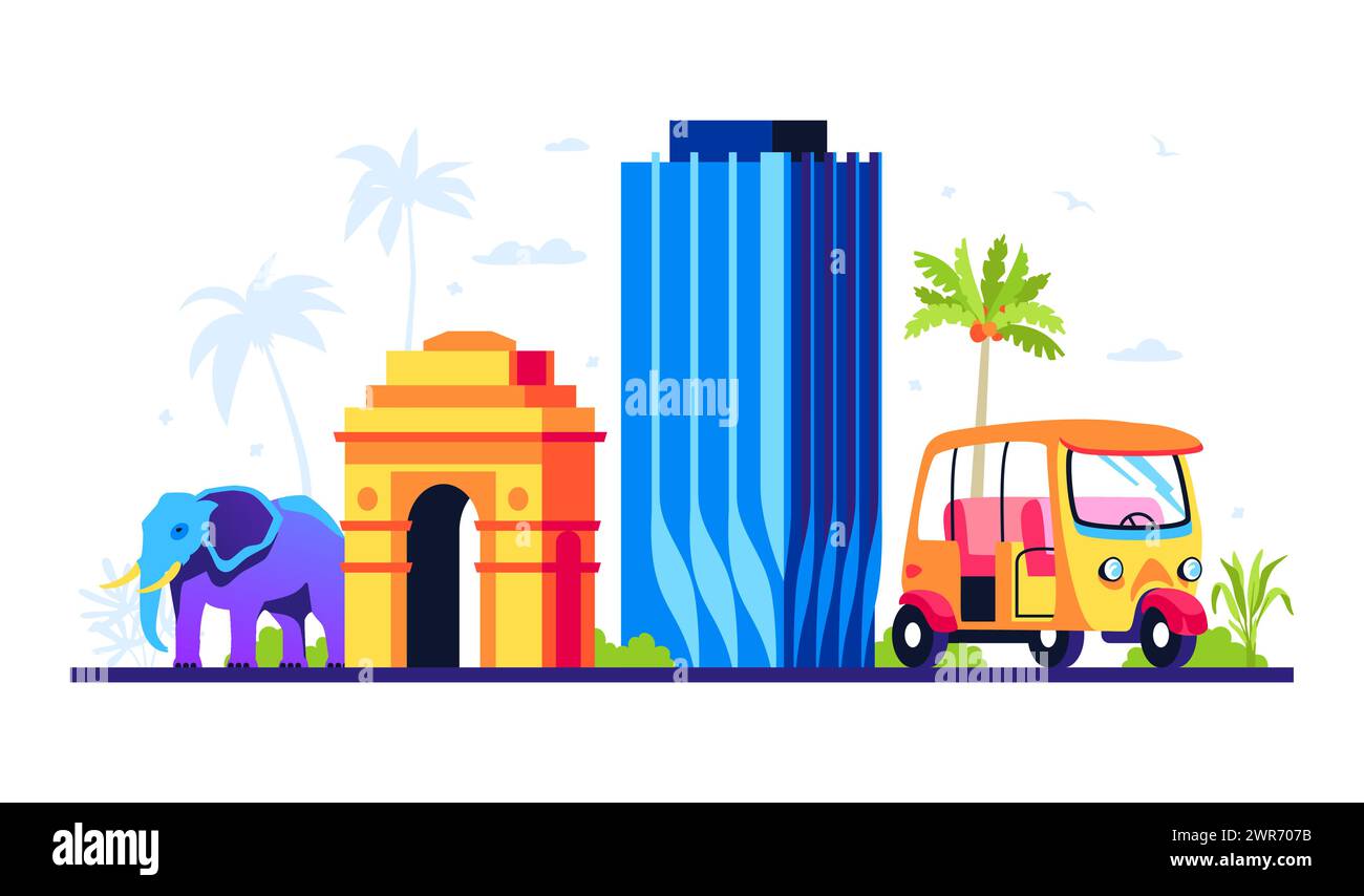 Old and new architecture of India - colored vector illustration Stock ...